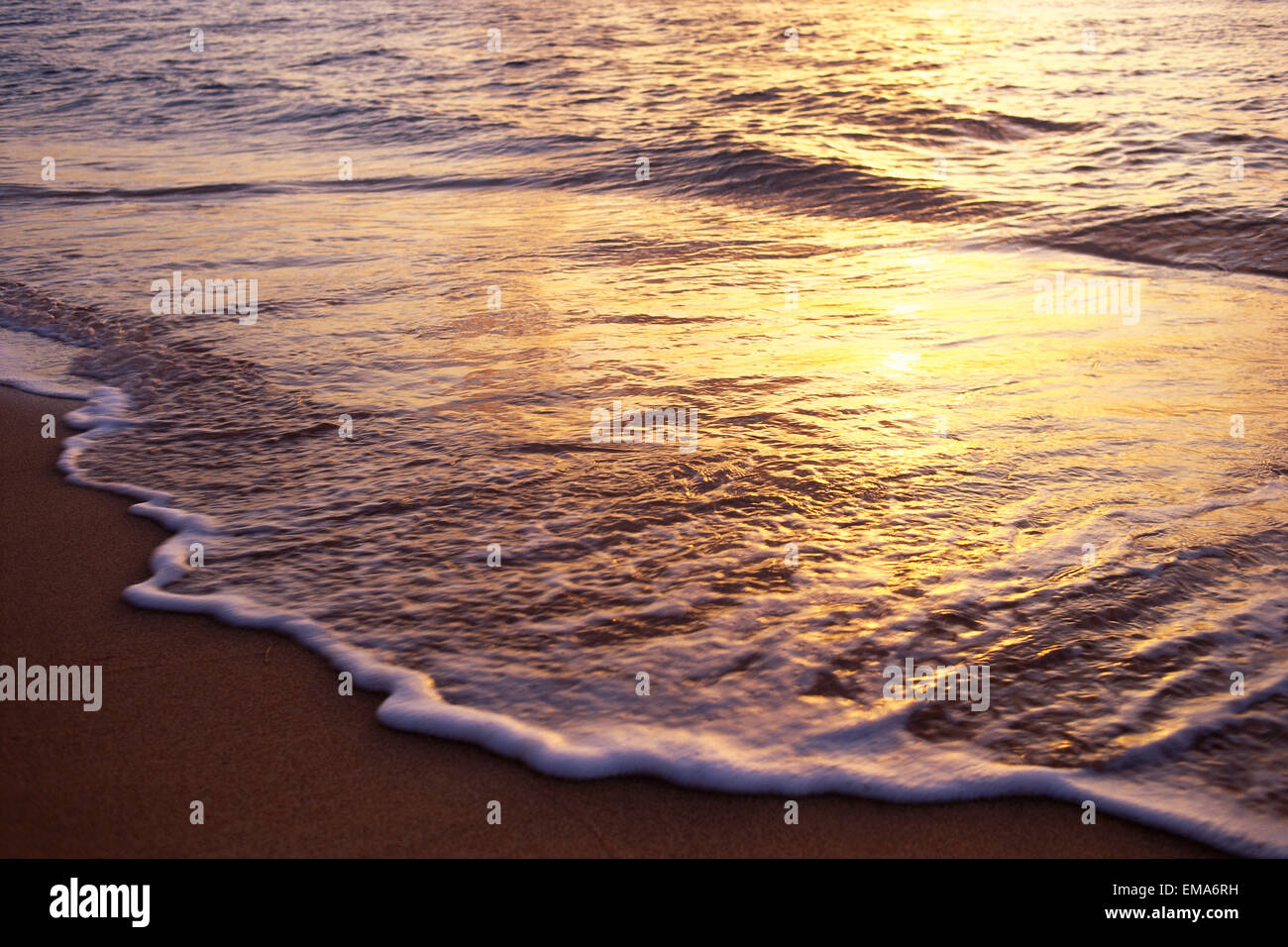 Hawaii, Kauai, Haena, Sunset Reflected On Water, Washing Onto Beach ...