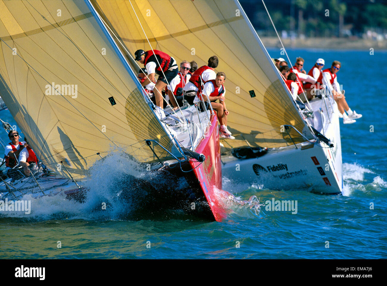 California, San Francisco, Big Boat Series, Two Yachts Bow View ...