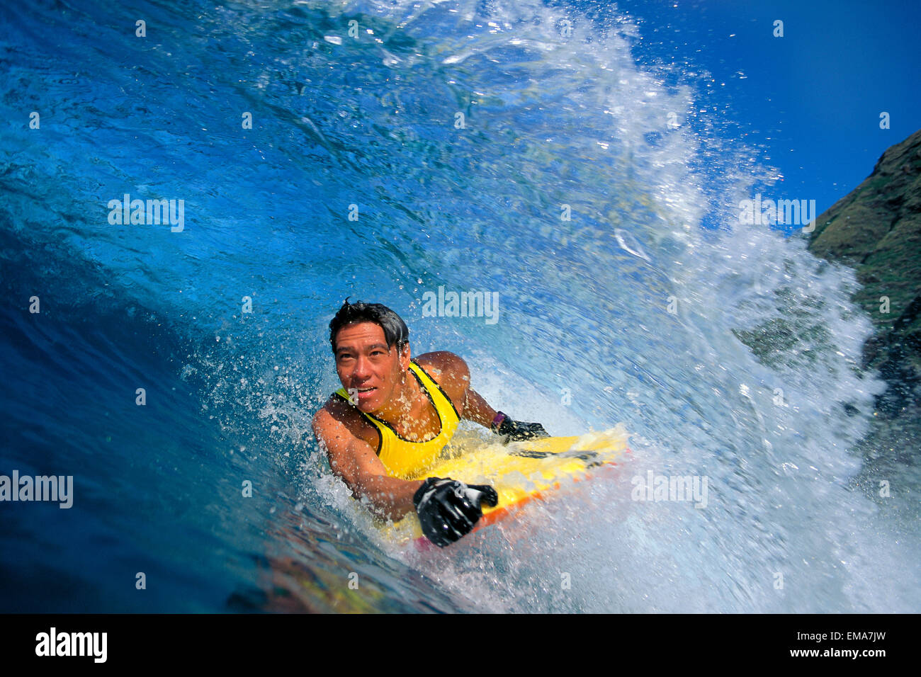 Hawaii, Oahu, Body Boarding Danny Kim Close-Up In Curling Wave Stock ...