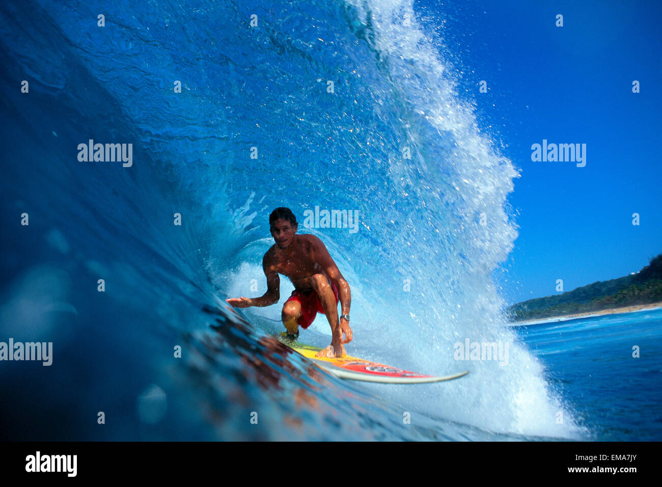 Hawaii, Oahu, North Shore, Brock Inside Translucent Curling Wave, Close ...