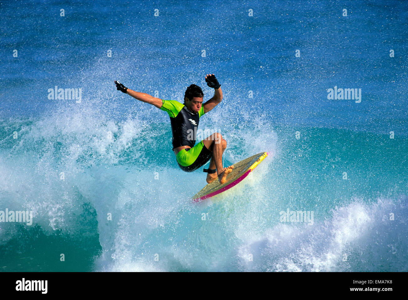 Hawaii, Danny Kim Cuts Off Wave, Arms In Air, Whitewash Stock Photo - Alamy