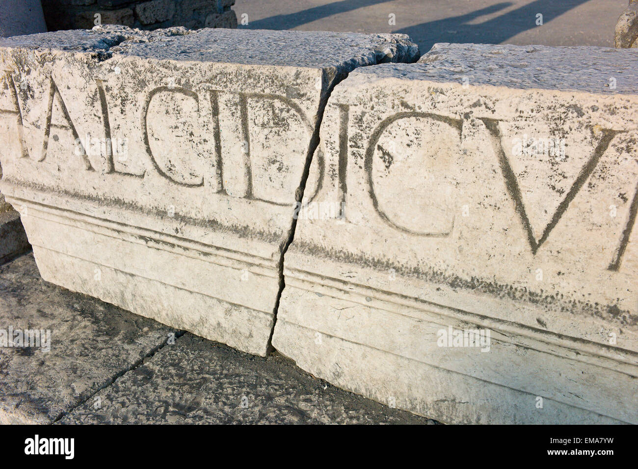 Pompeii, Italy. Part of the Latin inscription on the entablature of the ...