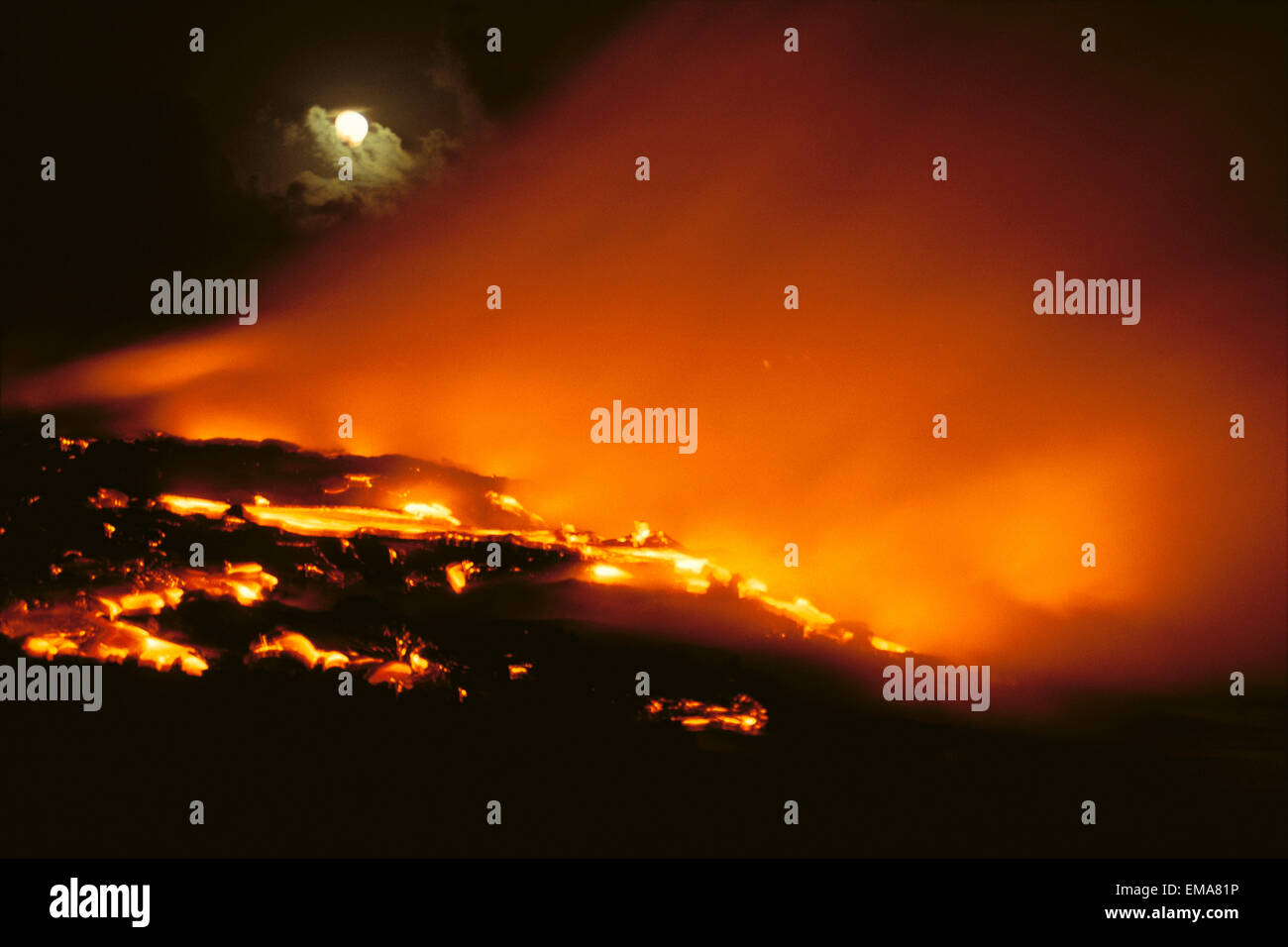 Hawaii, Big Island, Kilauea Volcano, Lava Flows Into Ocean, Full Moon ...
