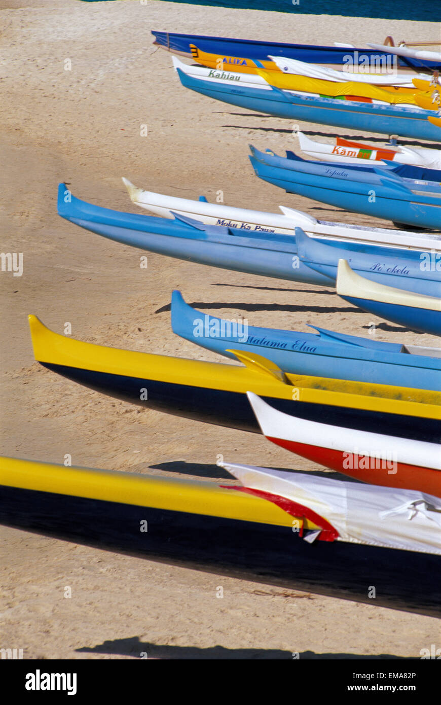 Beach Lined With Many Outrigger Canoe, Close-Up Slanted View Colorful ...