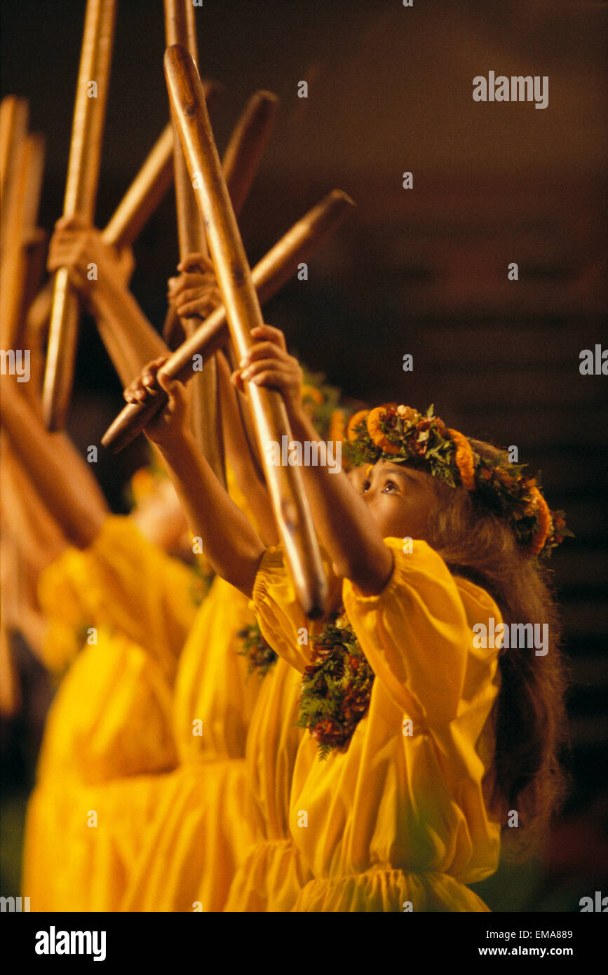 Side View Of Keiki Hula Girls Dancing With Pu'ili (Split Bamboo ...