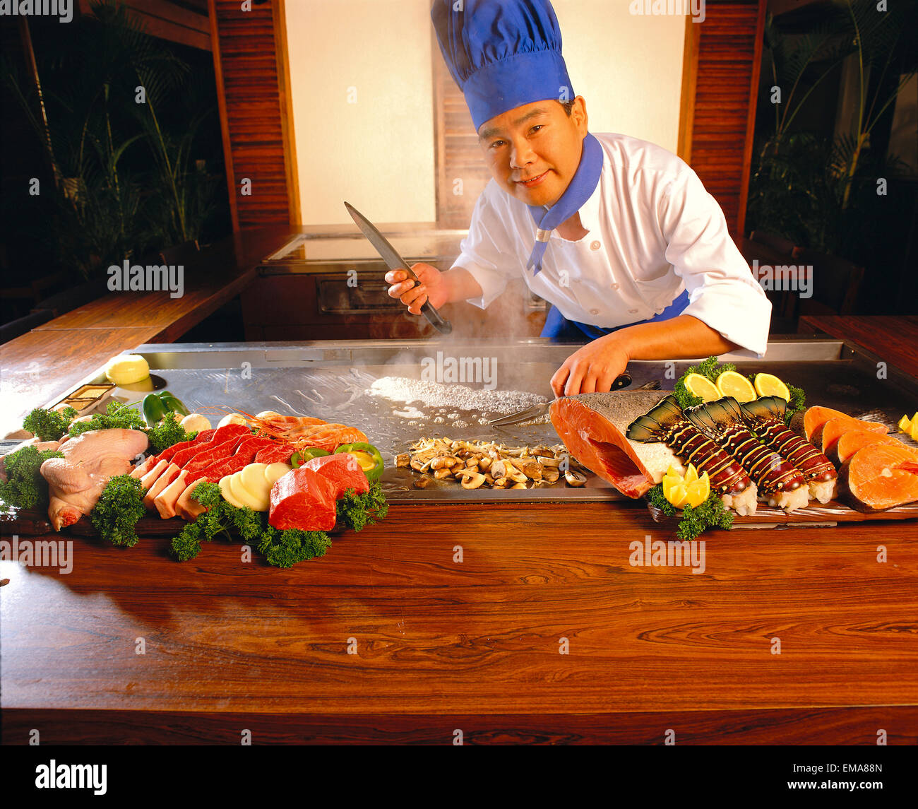 Japanese Chef, Teppanyaki Open Grill Dinner And Show, Meats, Poultry ...