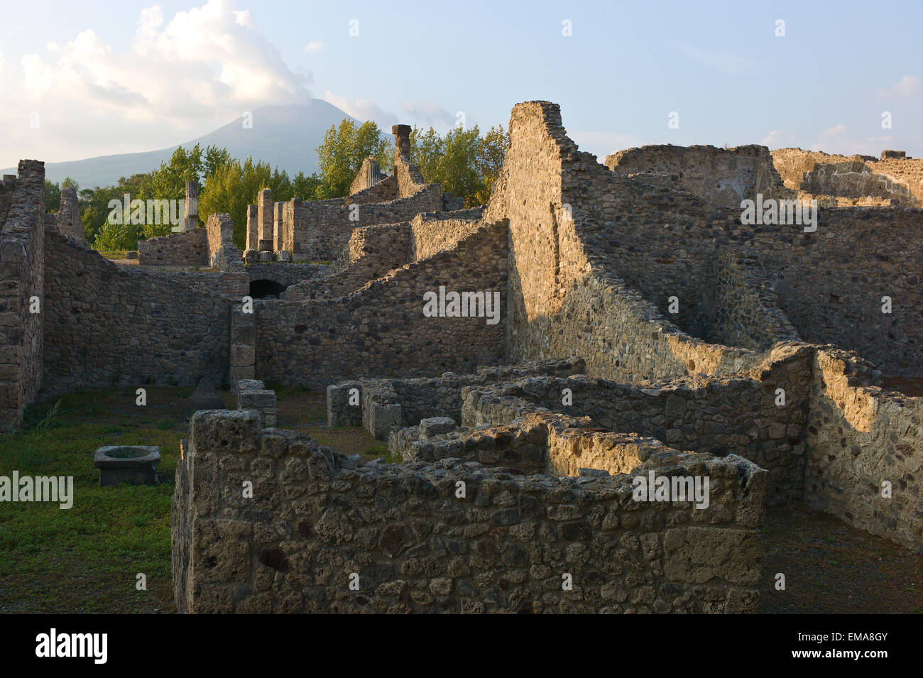 Pompeii, Italy. Overlooking the ruins of building walls towards Mount ...