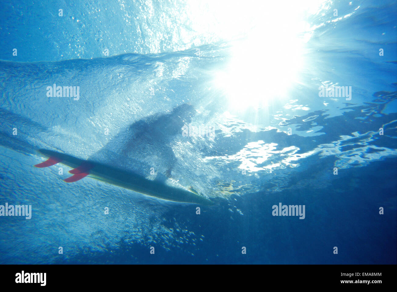 Hawaii, Oahu, North Shore, Underwater View Surfer Catch Wave Overhead ...