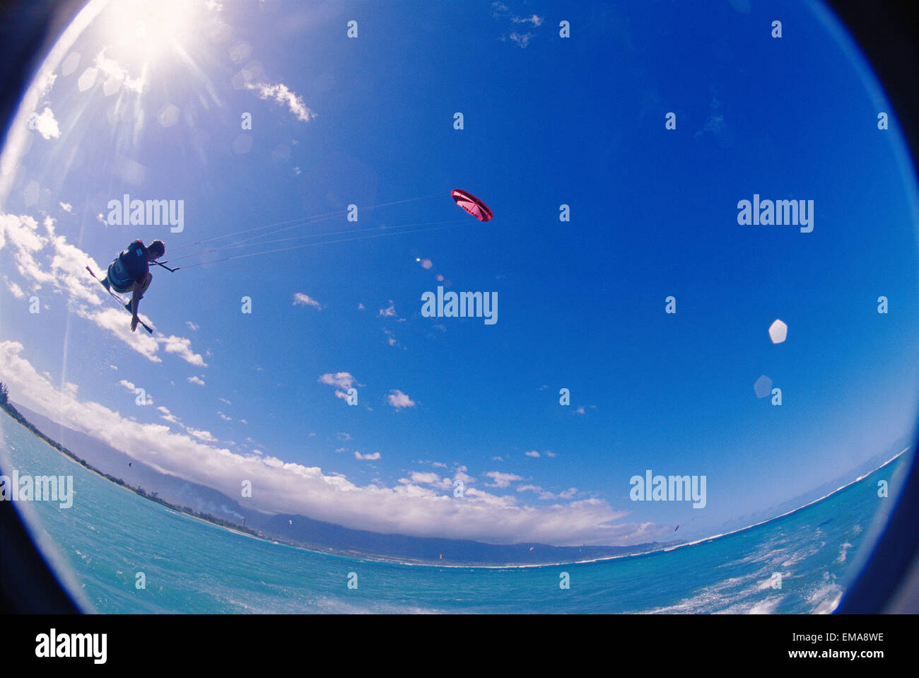 Kite Surfing, Back View Man Lifted From Ocean, Holding On To Kite Stock ...