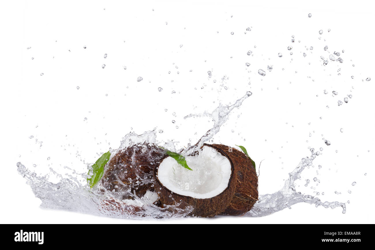 Isolated shot of cracked coconuts with water splash on white background ...
