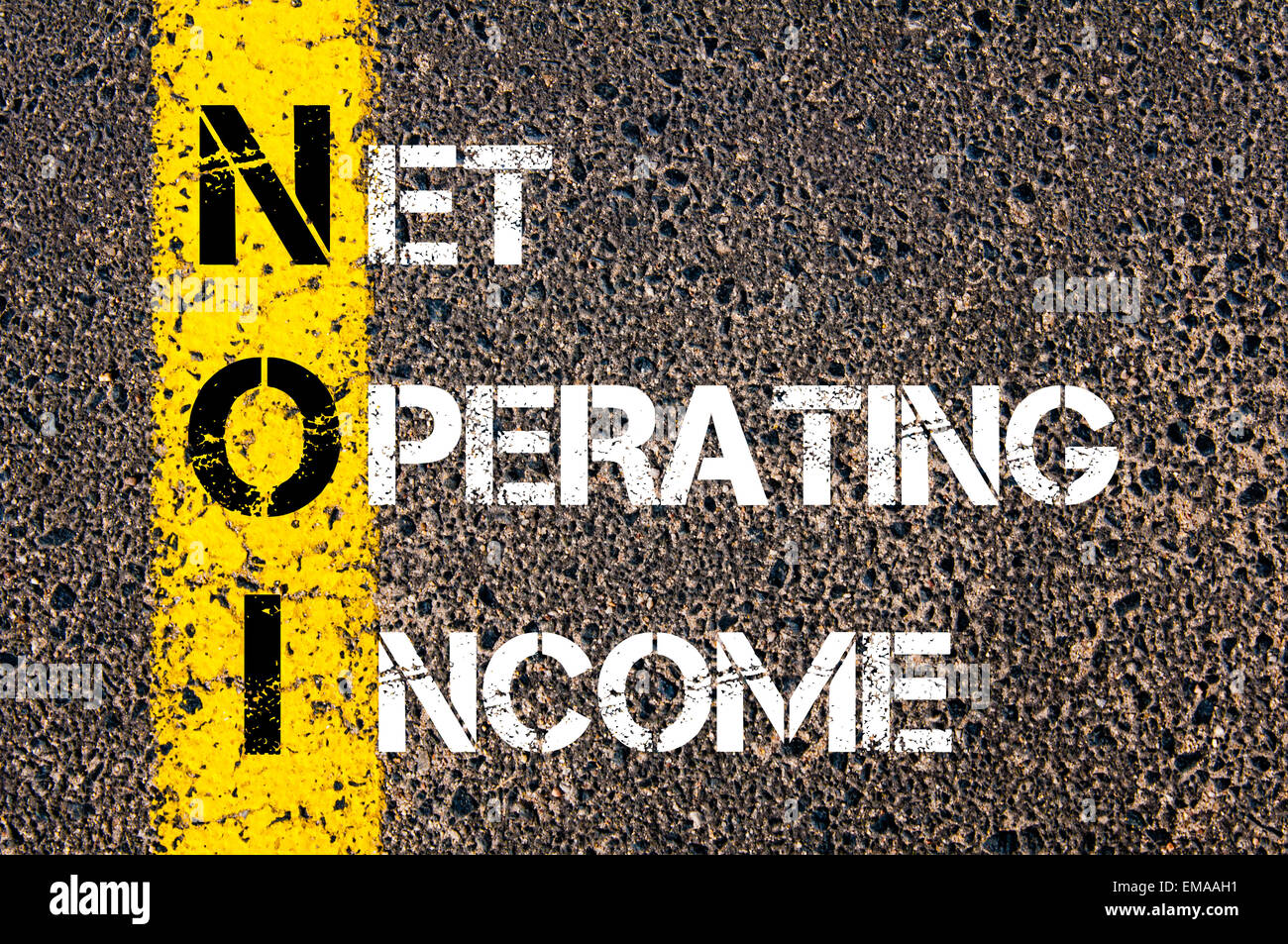 Business Acronym NOI - Net Operating Income. Yellow paint line on the ...