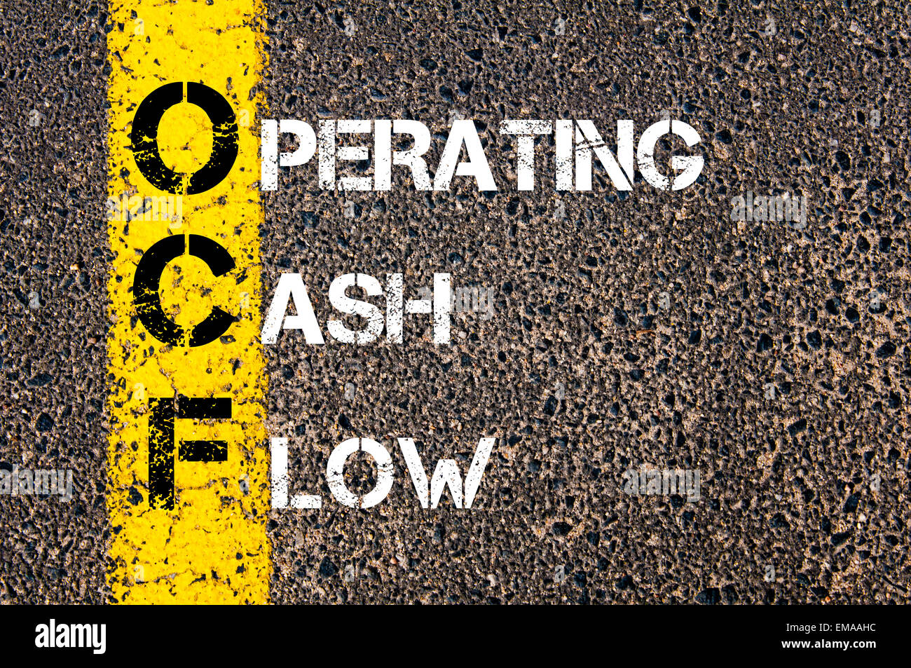 Business Acronym OCF - Operating cash flow. Yellow paint line on the ...