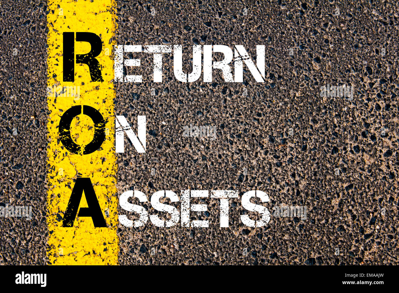 Business Acronym ROA - Return on assets. Yellow paint line on the road ...
