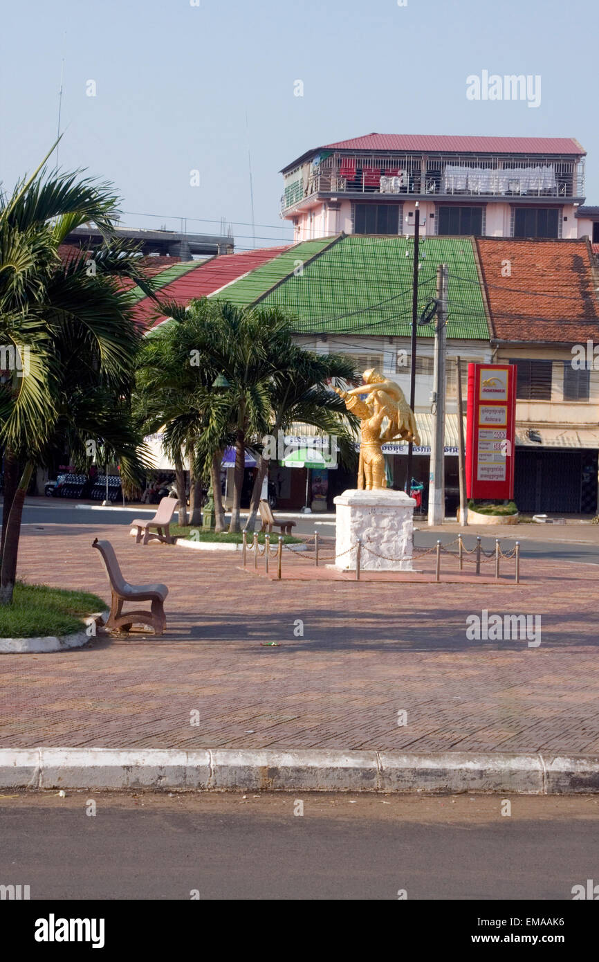 A Buddhist statue graces the center of a plaza that is part of the ...