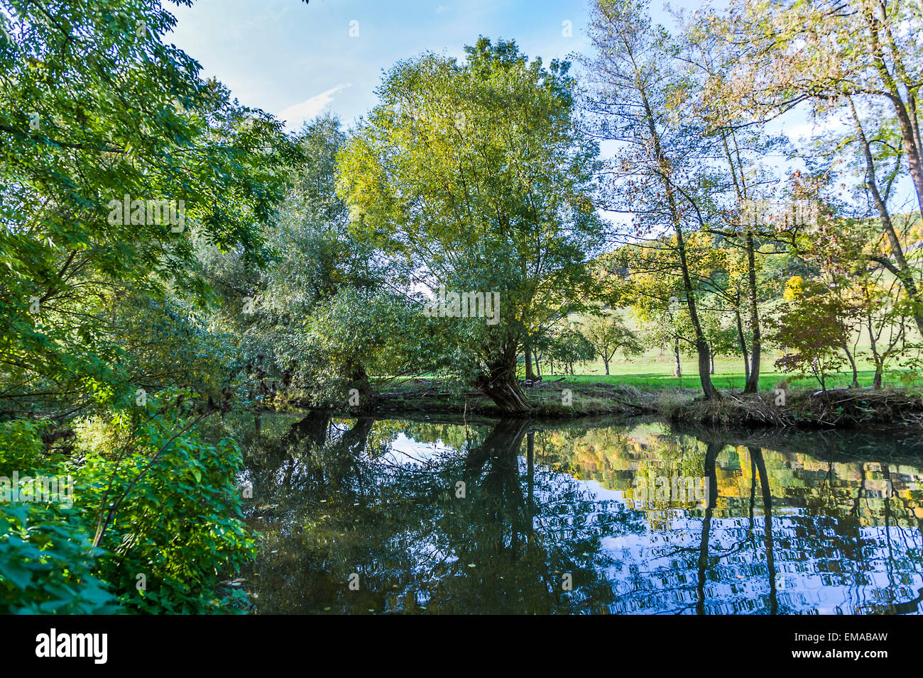 reflection in the river Tauber in lovely Tauber valley near Rothenburg ...