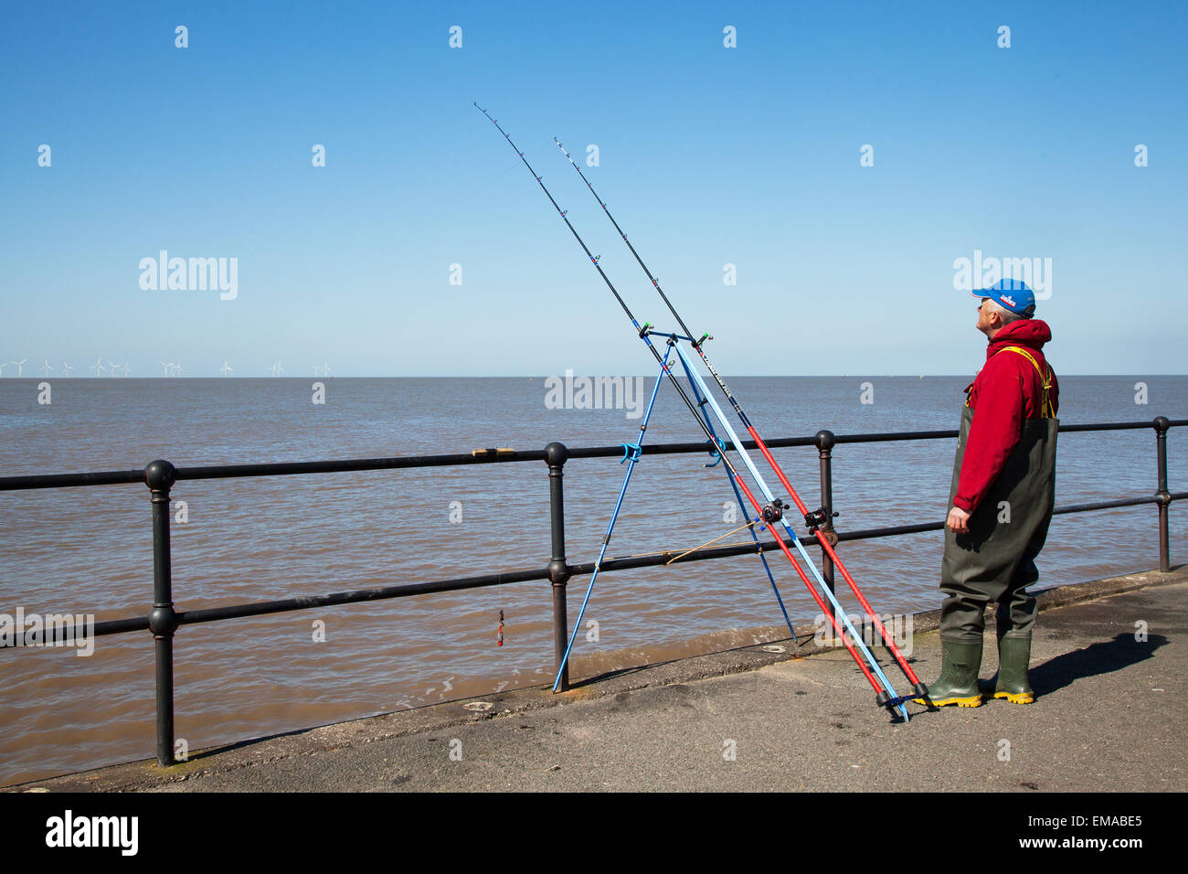 Beach fishing at Crosby Promenade, Merseyside, UK April, 2015. UK ...