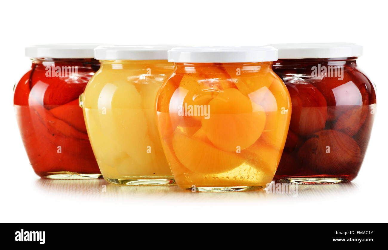 Jars with fruity compotes isolated on white background. Preserved ...