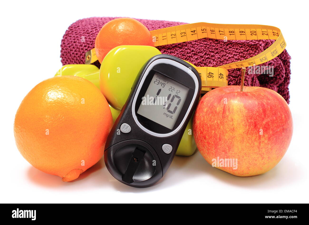 Glucose meter, fresh fruits, tape measure, dumbbells and purple towel ...
