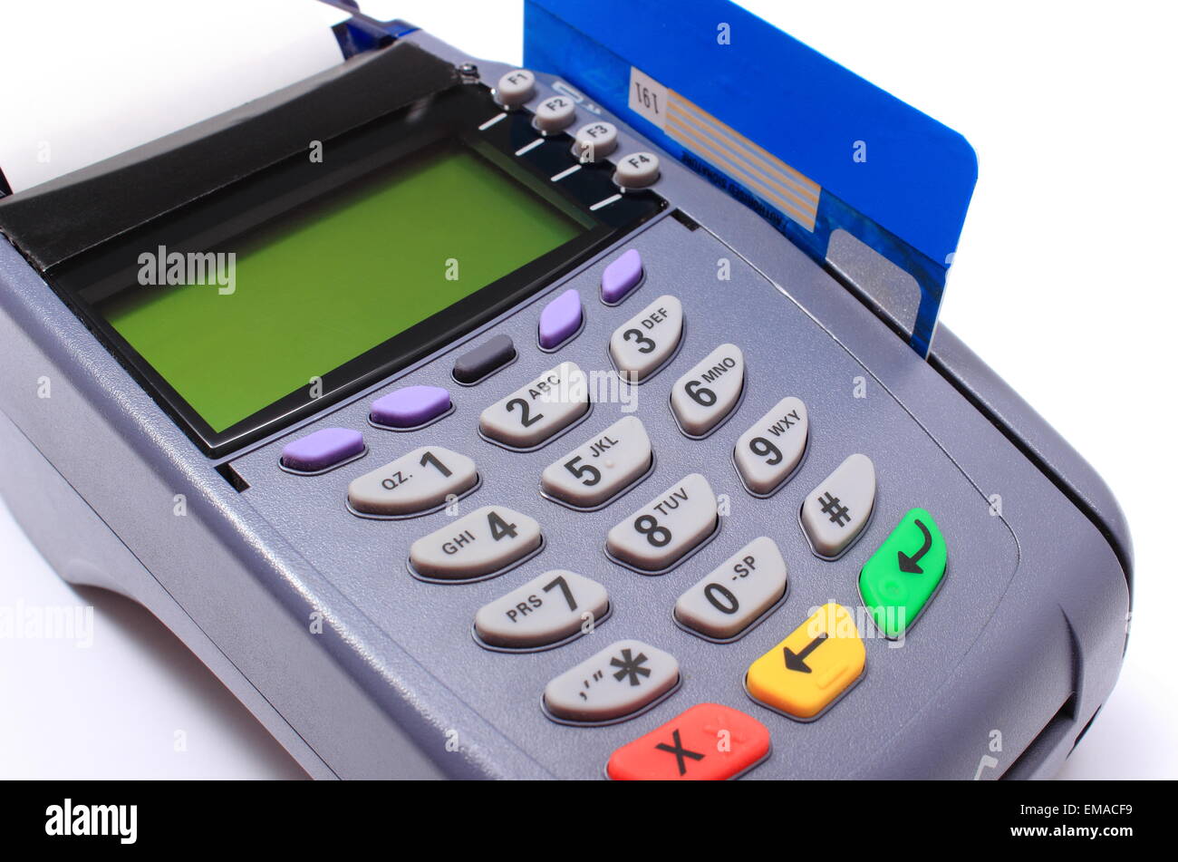 Payment terminal with credit card on white background, credit card ...