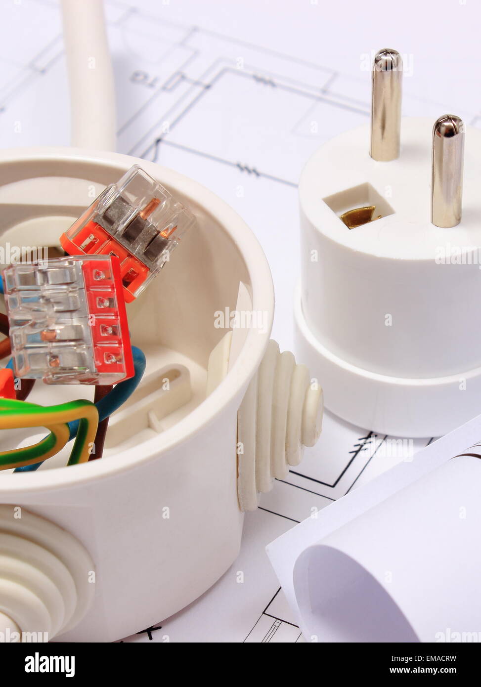 Copper wire connections in electrical box, rolls of electrical diagrams ...