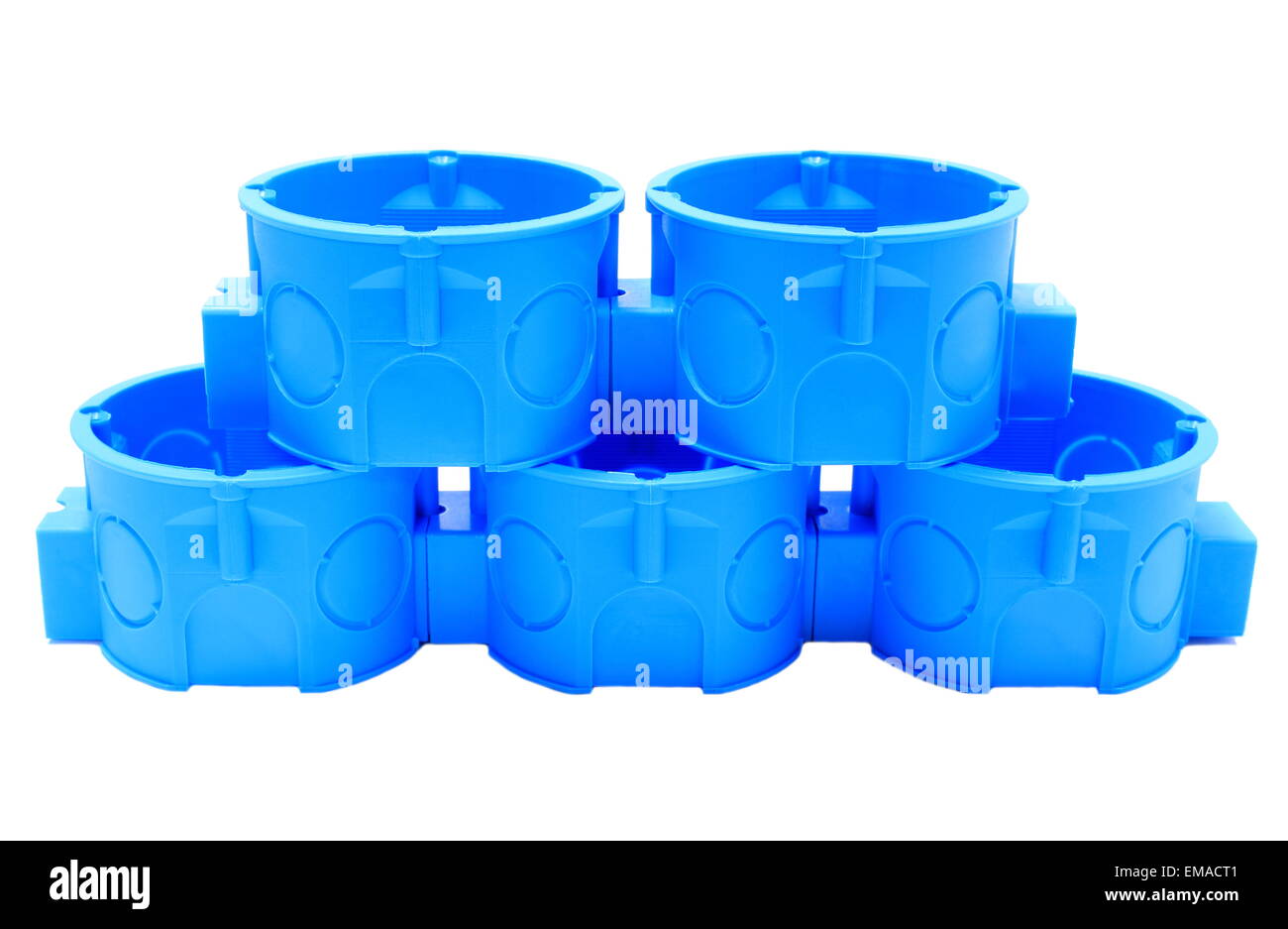 Stack of blue plastic electrical boxes on white background, junction ...