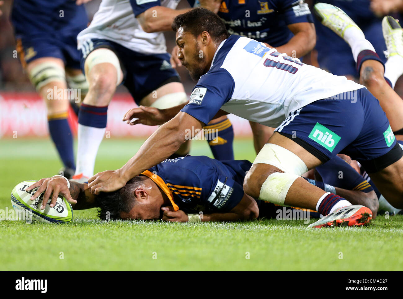 Dunedin, New Zealand. 18th Apr, 2015. Highlanders Malakai Fekitoa dives ...