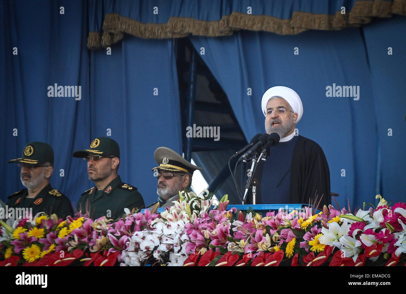 Tehran, Iran. 18th Apr, 2015. Iranian President Hassan Rouhani (R ...