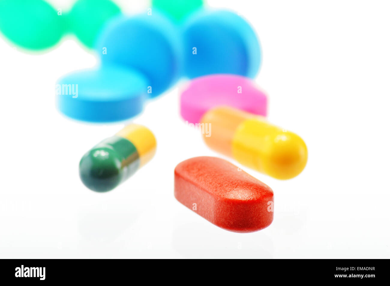 Composition with variety of drug pills and container Stock Photo - Alamy