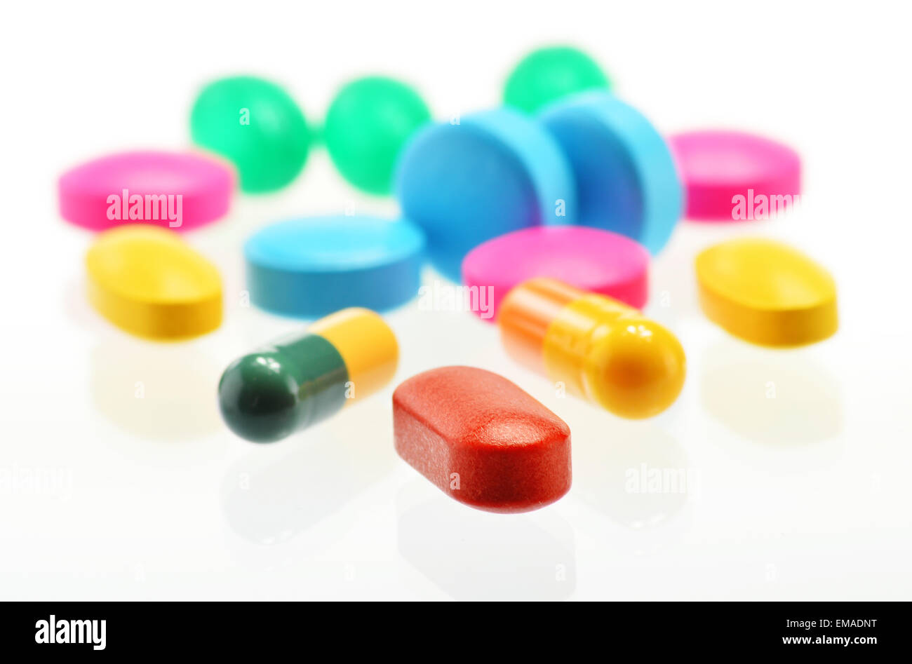 Composition with variety of drug pills and container Stock Photo - Alamy