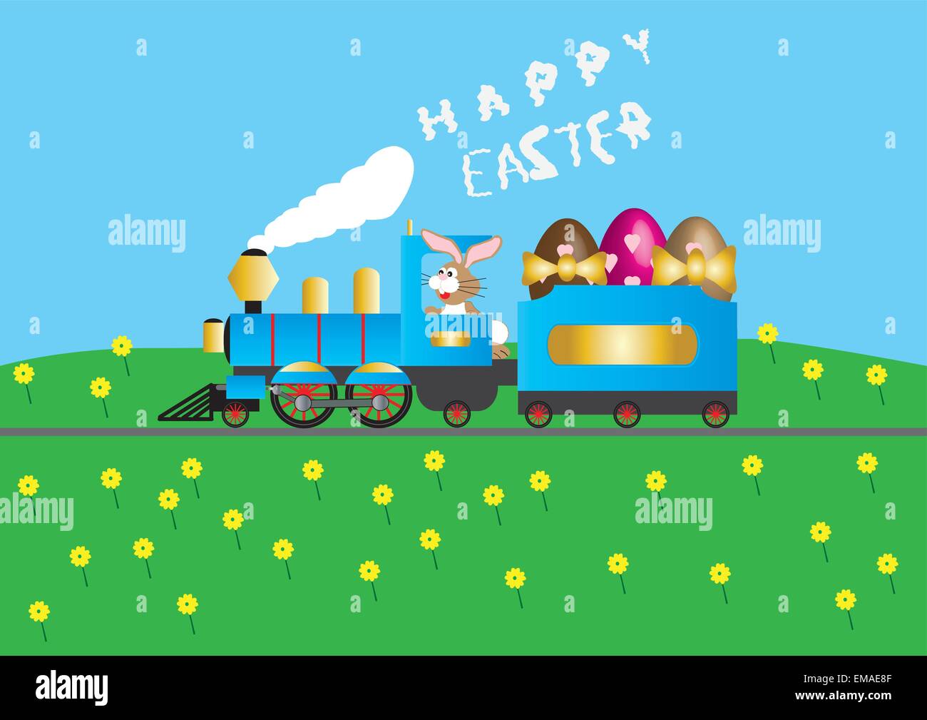 A vector illustration of a Blue Steam Train with brass fittings loaded ...