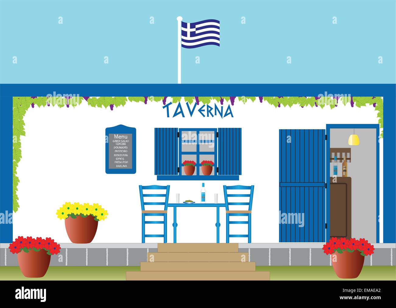 A vector illustration of a Traditional Greek Taverna with glasses of ...