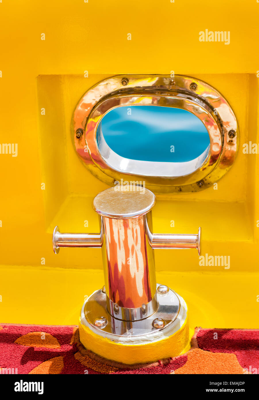 Bollard and sea view through window on yellow boat Stock Photo - Alamy