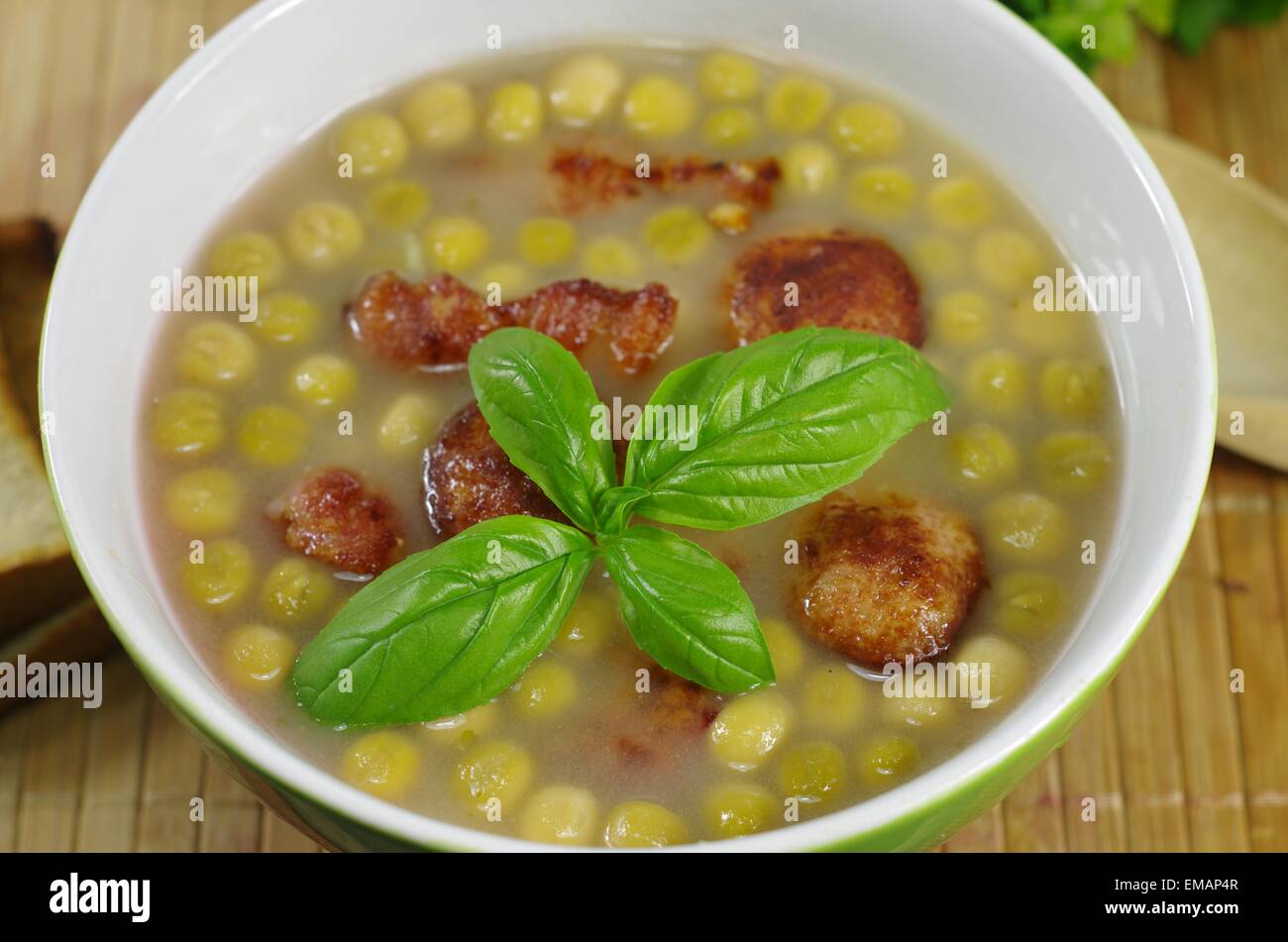 appetizing pea soup with bacon and sausage Stock Photo - Alamy