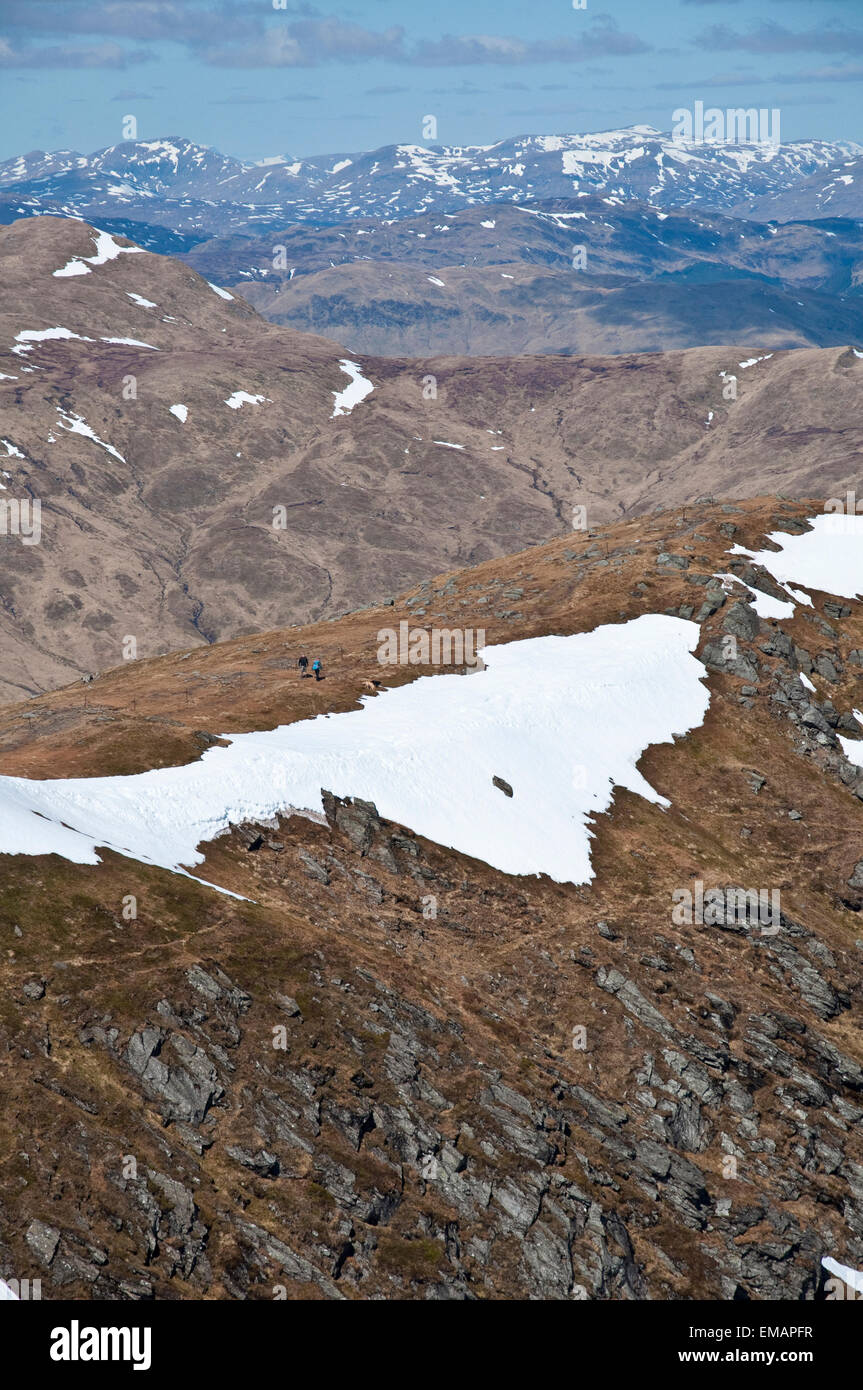 Two hikers walking along a northern ridge from the Ben Ledi mountain ...