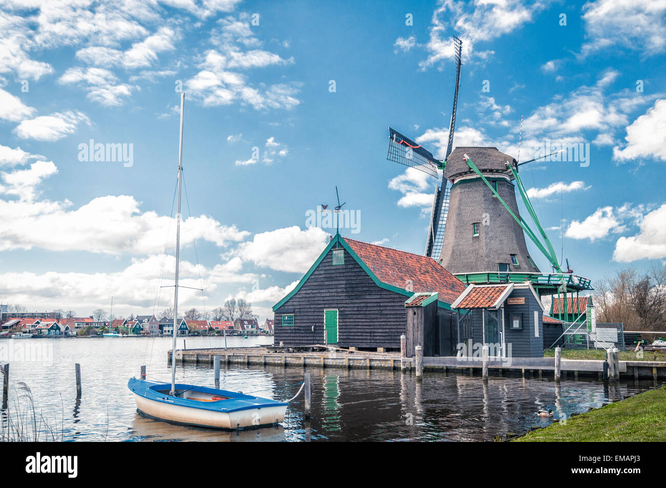 Boat and windmill Stock Photo - Alamy