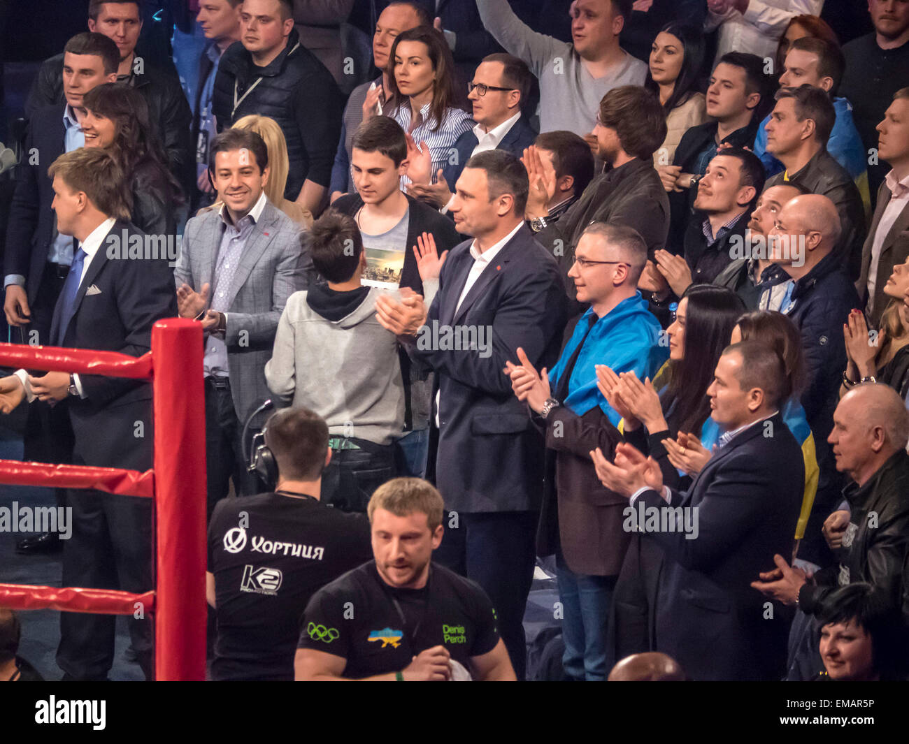 Kiev, Ukraine. 18th April, 2015. Vitali Klitschko applauds the winner ...