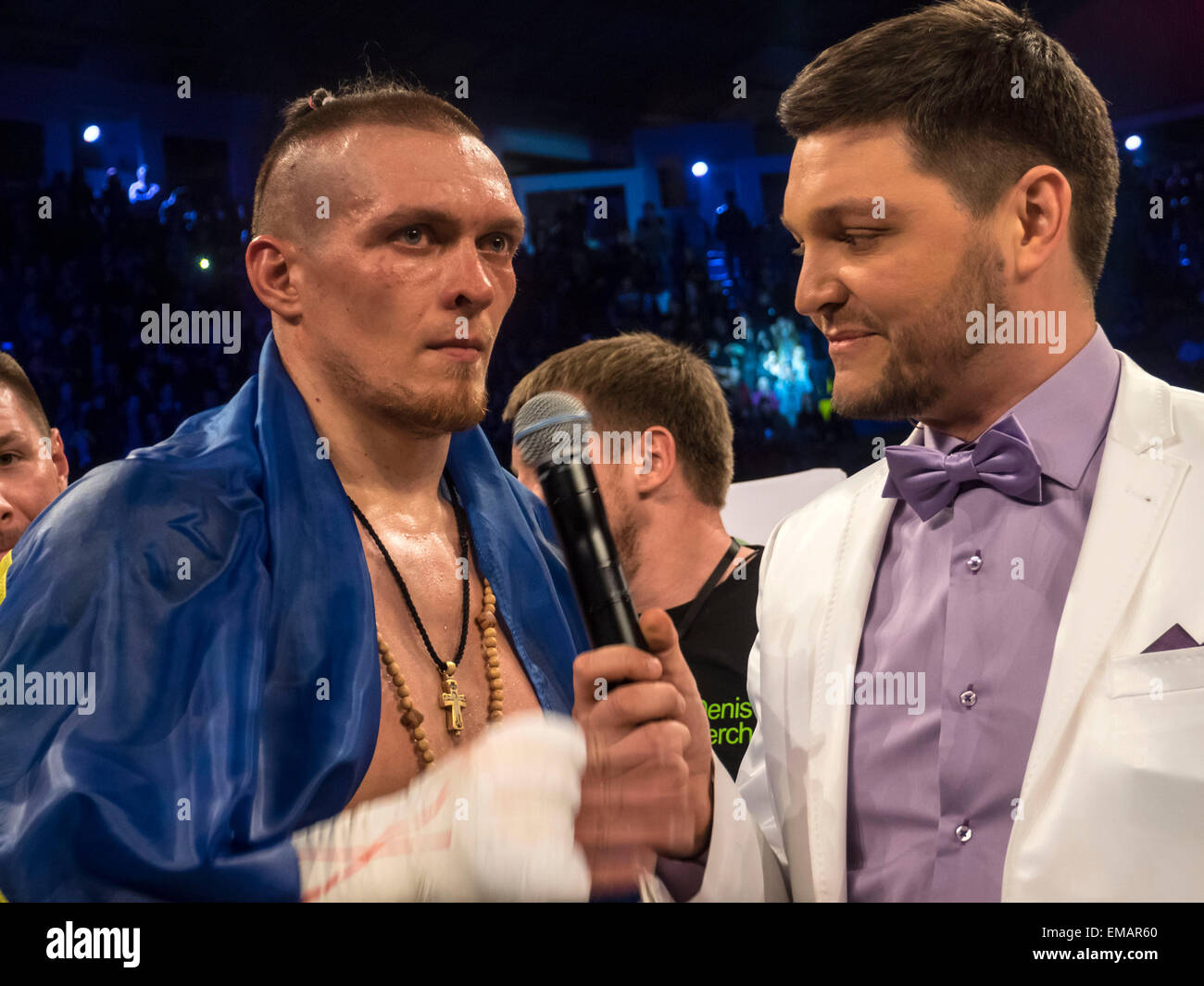 Kiev, Ukraine. 18th April, 2015. Aleksandr Usyk gives interviews ...