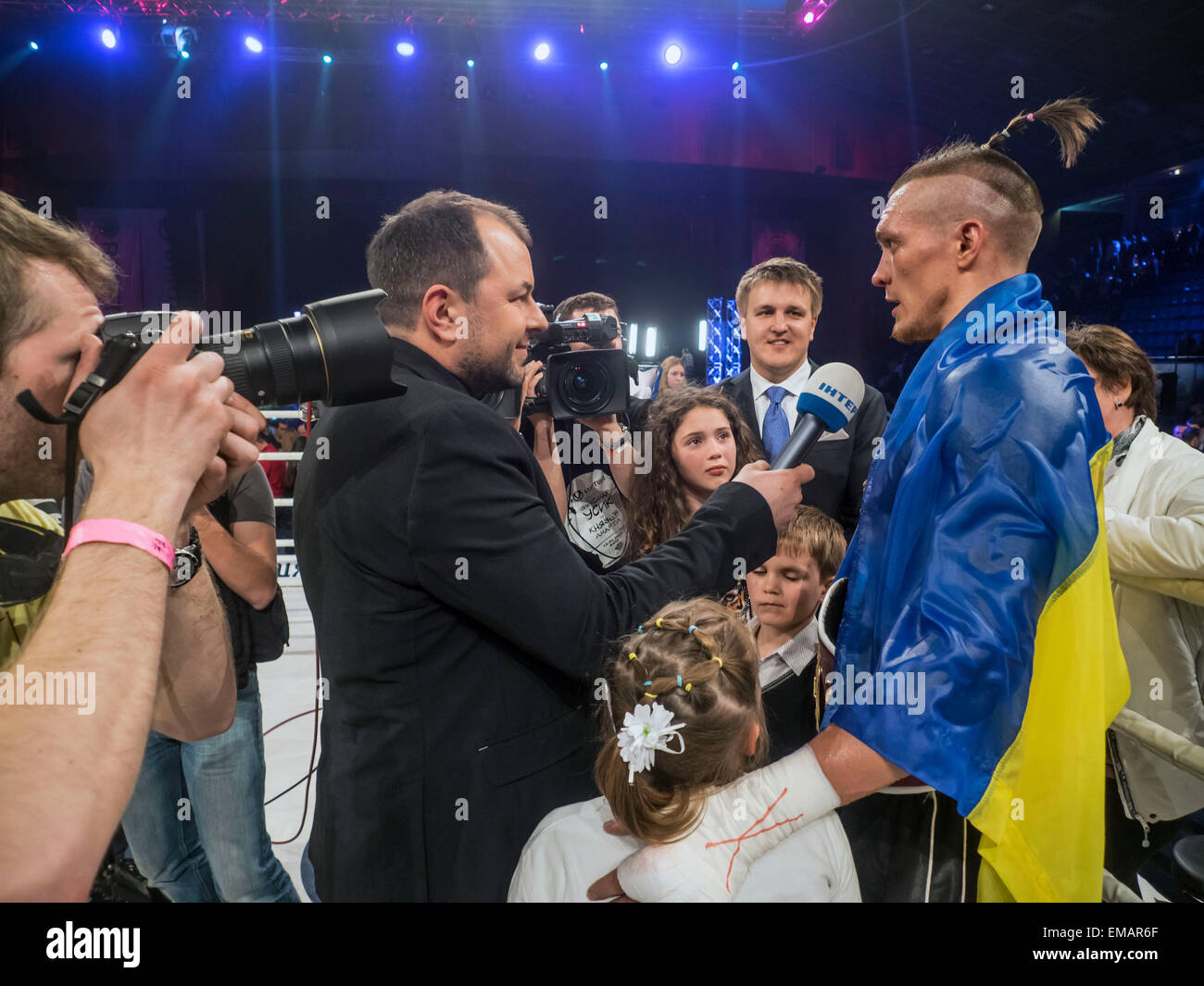 Kiev, Ukraine. 18th April, 2015. Aleksandr Usyk gives interviews -- Ukrainian boxer Alexander ...