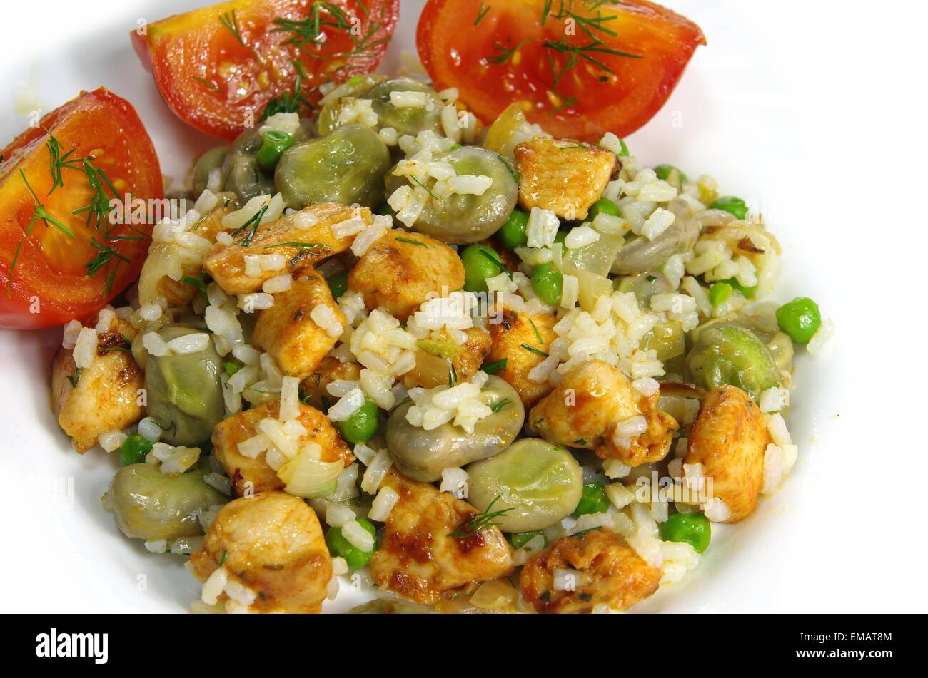 boiled broad bean with fried meat and rice Stock Photo - Alamy