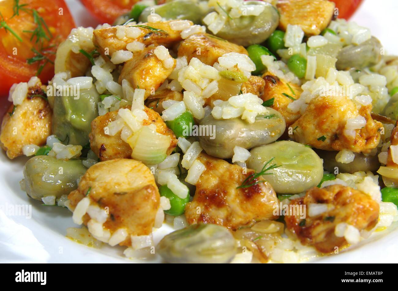 boiled broad bean with fried meat and rice Stock Photo - Alamy