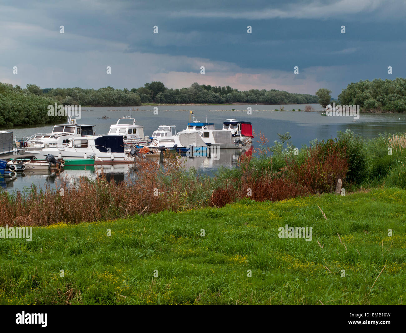 Motorboats in the harbour of Stari Slankamen on the Danube in Serbia ...