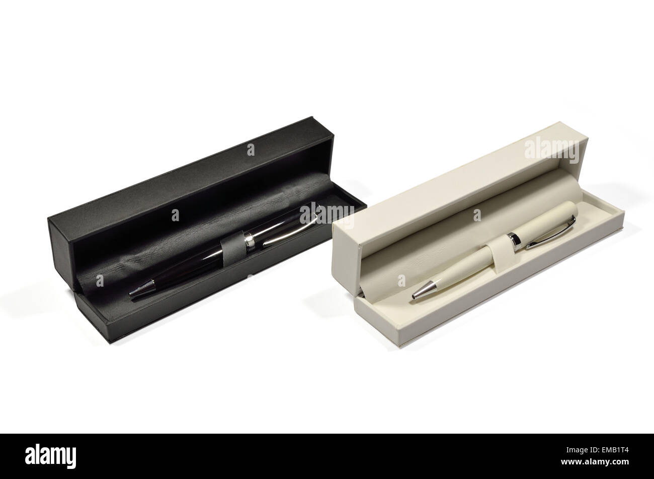 Two open boxes, black and white, with black and white pen inside Stock ...