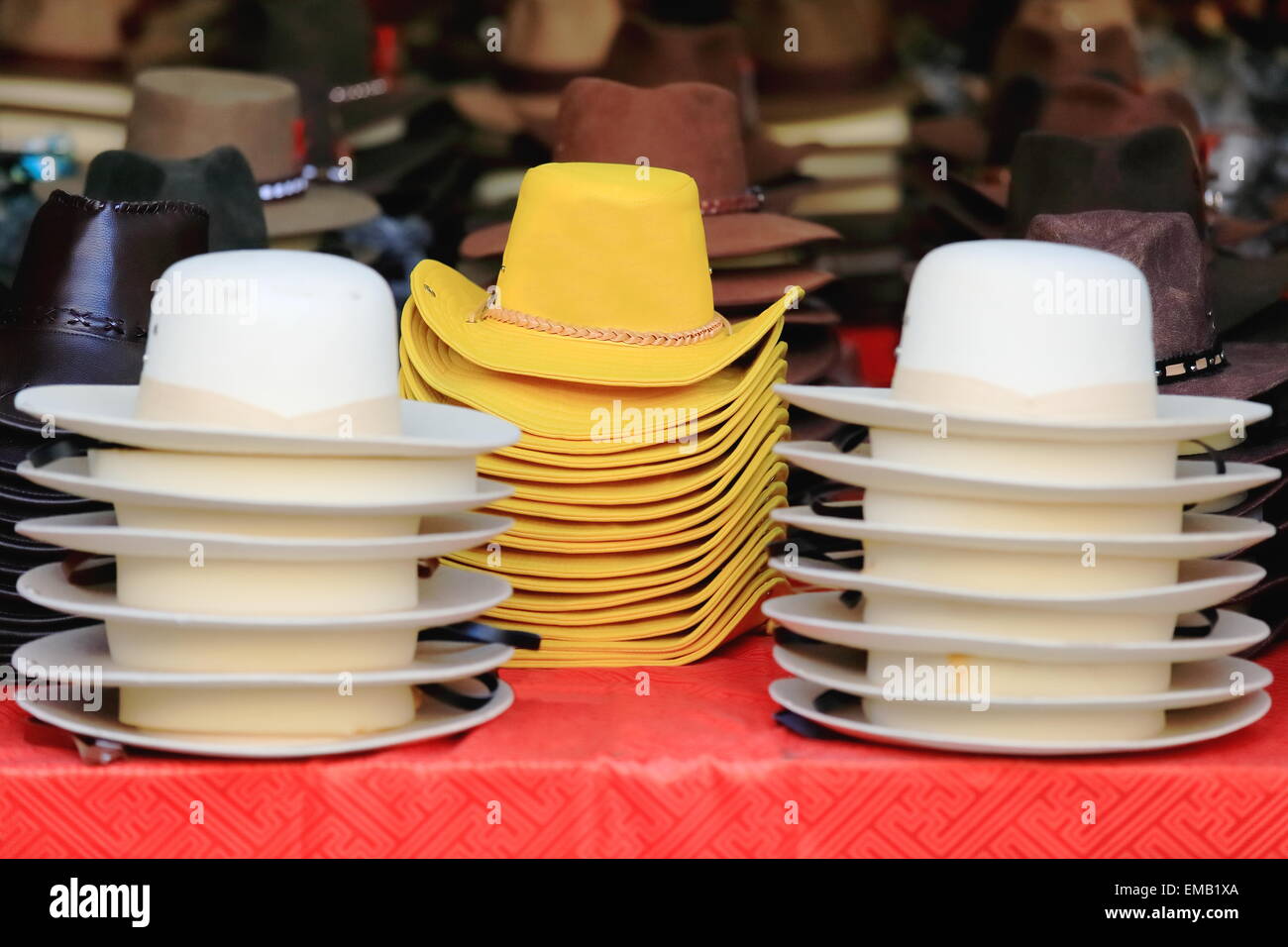 Colors stacked typical tibetan felt hats in a shop along Kora-clockwise ...