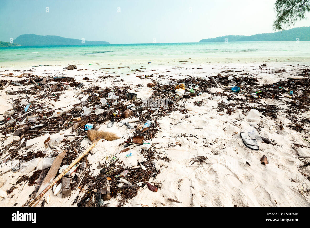 Rubbish washed up on the white sand beach in Cambodia, Asia Stock Photo ...