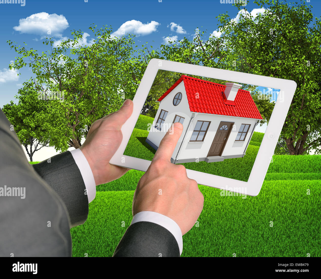 Estate agent using tablet with house on screen Stock Photo - Alamy
