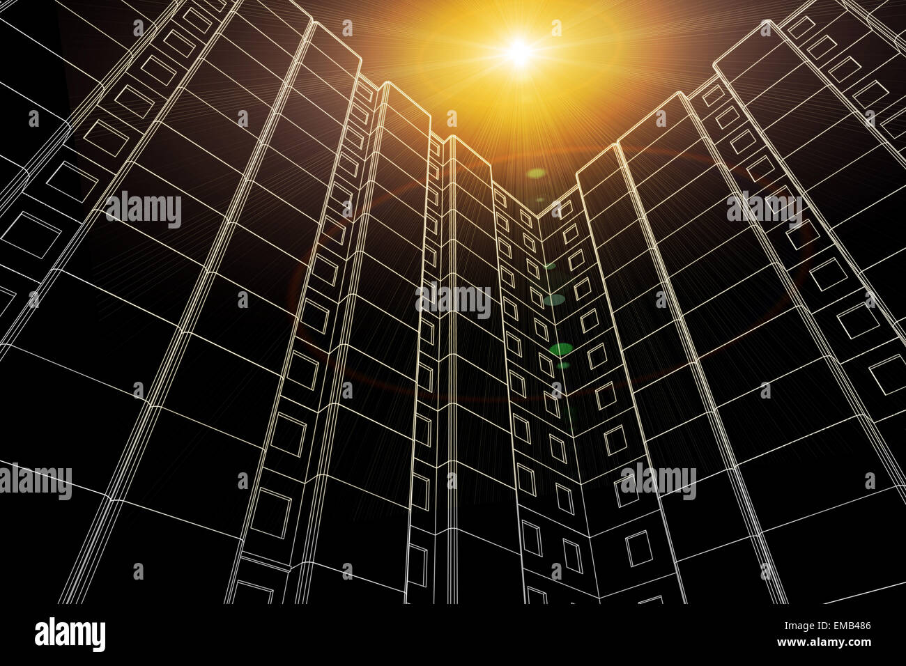 Skyscraper 3d model with flash in the center, bottom view Stock Photo ...