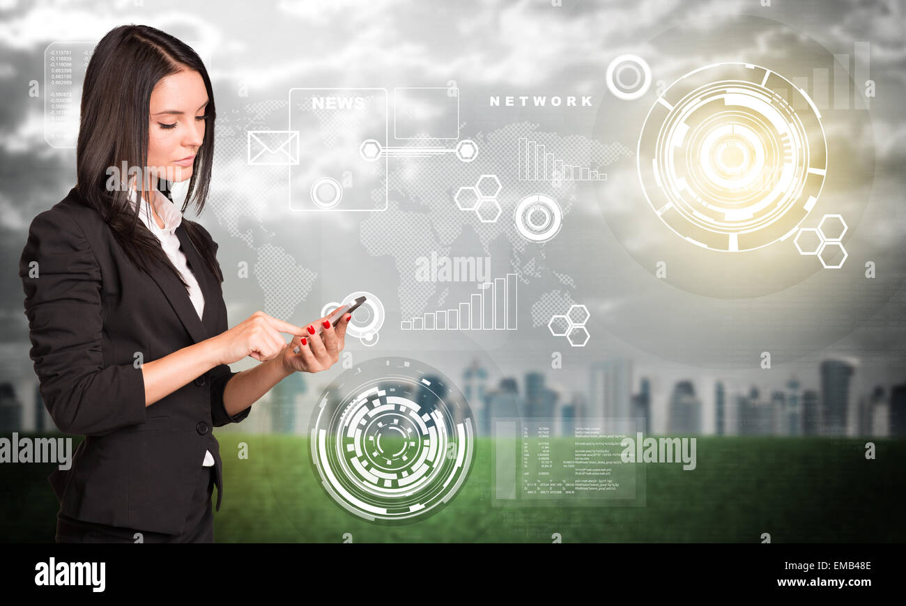 Young woman using phone standing left side of picture Stock Photo - Alamy