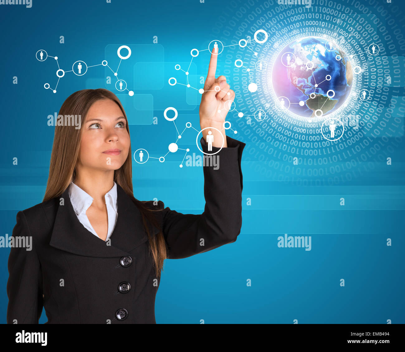 Buinesswoman looking at her pointer finger and pressing on holographic ...