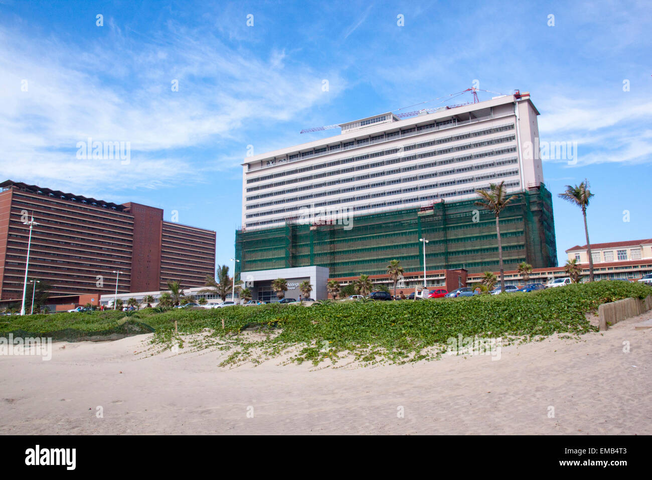Beach view of partially refurbished Addington Hospital in Durban, South ...