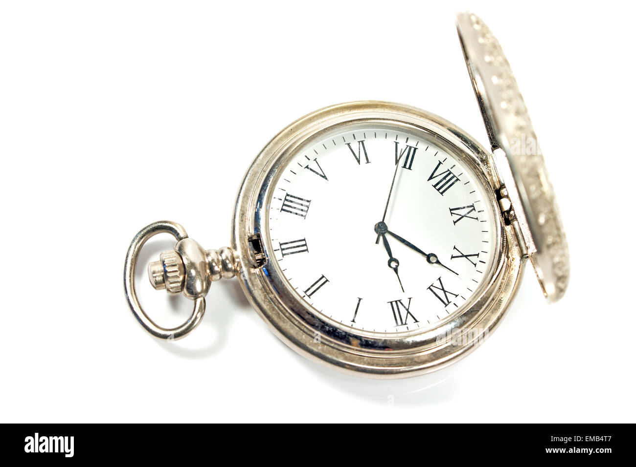 Silver pocket watch isolated on white Stock Photo - Alamy